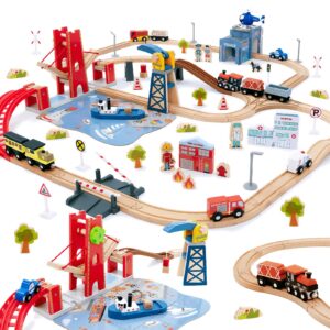 giant bean 70pcs wooden train set with battery locomotive fits thomas, brio, chuggington, melissa tracks, expandable toys for 3+ years old girls & boys