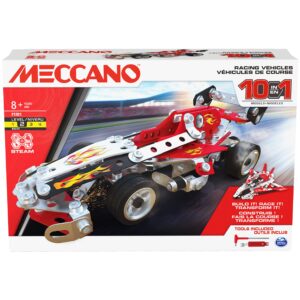 meccano, 10-in-1 racing vehicles stem model building kit with 225 parts and real tools, kids toys for ages 8 and up