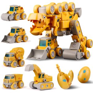 erchaoxi 5 in 1 take apart dinosaur toys for kids 3-5,5 construction trucks transform into a big dinosaur robot toys,stem building toys gifts for 4 5 6 7 8 years old boys & girls