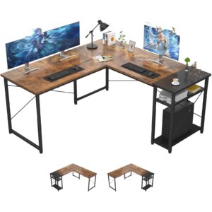 ecoprsio l-shaped desk large l shaped gaming desk with storage shelves industrial corner desk writing study table for home office gaming workstation, rustic brown and black