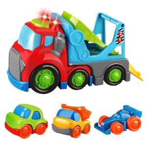 forty4 cars toy for 2 3 4 years old toddlers, big transport truck with small dump, taxi & race car, carrier truck with sound & light, colorful vehicles playset, christmas toy for boys & girls