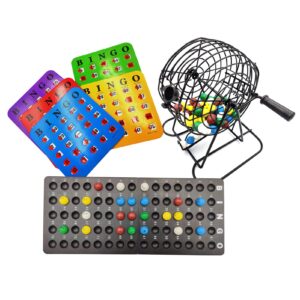 yuanhe deluxe bingo game set - 6 inch metal cage with calling board, 5 shutter slide cards, 75 colored balls, for large group games