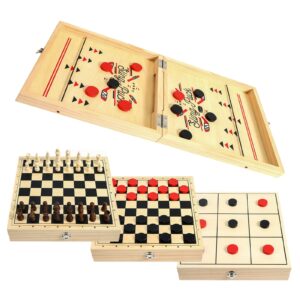 large 4 in 1 chess board set, sling puck game, checkers, tic tac toe - wooden hockey, table games for family games, kids, adults - 59 pc. set super board games fast sling hockey table game