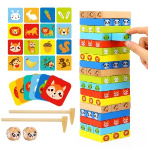 tookyland colored wooden blocks stacking board games tumble tower games with animal pictures for kids boys girls - 80 pieces