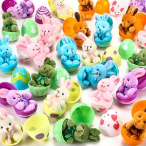 sumind 48 pieces easter eggs diy prefilled with plush animals, 3 inch plastic easter eggs with stuffed animals for easter party hunt game basket surprise bunny animal toys(bunny)