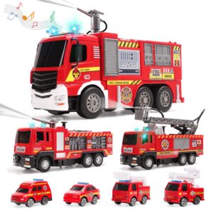 cute stone 7 pack fire trucks with water spraying function, fireman toy firetrucks with sound and light, pull back cars, friction-powered vehicles, gift for toddlers and 3+ year old boys