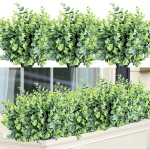 6 bundles artificial boxwood shrubs eucalyptus greenery stems fake plants outdoor fade resistant faux plastic plants for garden home porch patio window box bedoom decor, frosted green