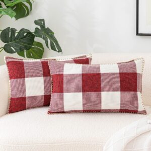 pack of 2 buffalo check plaid throw pillow covers, farmhouse decorative lumbar uare outdoor pillows cushion cover for sofa couch living room home garden chair decor (red and white, 12x20 inches)