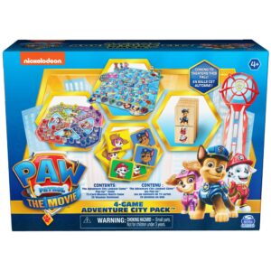 paw patrol: the movie, 4-game adventure city pack memory match, pop-up, wooden dominoes, & lookout games, paw patrol toys for kids ages 4 and up