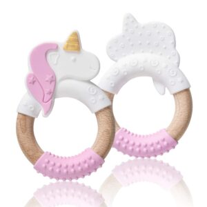 silicone and wood teether ring in organic & natural 100% food grade silicone & beech wood, unicorn teething toy (pink-1pack)