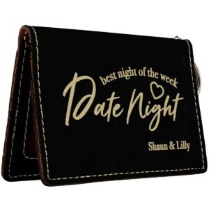 plaquemaker customizable leatherette wallet for date night - include your personal names-black with gold