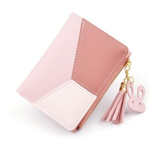 chicmo small wallet for women girls, bifold slim pu leather multi slots card holder organizer coin purse zipper with tassel pendants (pink)