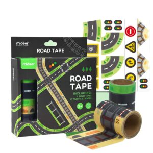 clorful imaginative road tape for kids toy cars, 2 rolls of 16.4ft x2.4 inch adhesive railway & highway tracks with traffic signs and curved roads.