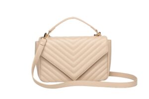 daisy rose quilted chevron shoulder cross body bag with top handle, pu vegan leather - beige