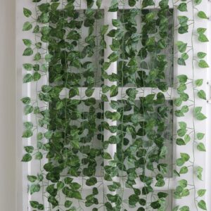 zhiiha 12 strands 90.5 ft artificial scindapsus leaf plants vine hanging garland fake foliage plants for home kitchen garden office wedding wall decoration