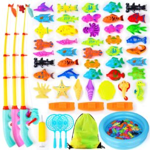 fivedaogang magnetic fishing game 45 pc ocean sea floating fish colorful animals with net portable storage bag | kiddie pool bathtub game for age 3 4 5 6 year kids toddler(xx-large set)