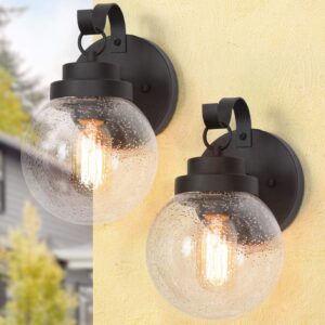 laluz sphere porch light, outside lights for house with seeded glass globe, weather-proof outdoor light fixtures wall mount for front door, garage, yard, patio, textured black finish, 2 pack