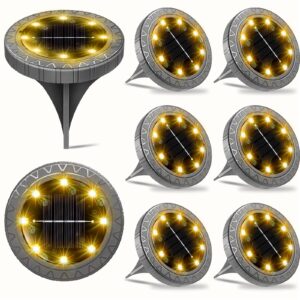 solar powered ground lights 8 pack,ip68 waterproof led solar lights outdoor garden decorative solar disk lights,solar landscape path lighting for pathway yard walkway lawn driveway(warm white)