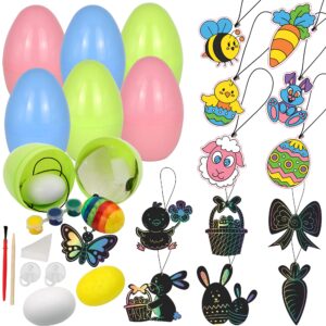 joyin 54 pcs easter crafts assortment kit with prefilled easter eggs painting kit include wooden eggs, suncatchers and scratch cards for party favor, basket stuffers fillers