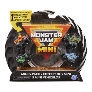 monster jam, official mini collectible monster trucks 5-pack with 1 mystery truck, 1:87 scale