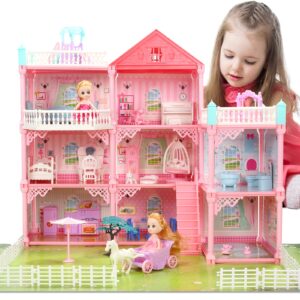 cute stone dollhouse, doll house with flashing lights, pretend play toddler dollhouse sets with 2 dolls, furniture, 8 rooms and doll accessories, creative gift for girls, l32 xh23