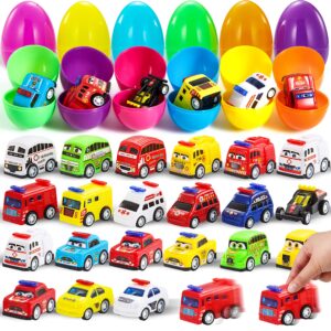 joyin 24 pcs mini pull back city cars prefilled easter eggs with vehicle toys for kids boys eggs hunt, easter basket stuffers/fillers, party favors, classroom prize supplies