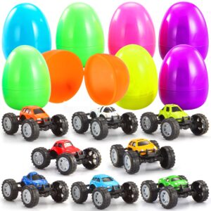 joyin 8 pcs prefilled easter eggs with monster truck car toys for kids boys easter eggs hunt, easter basket stuffers/fillers, filling treats, party favor, classroom prize supplies