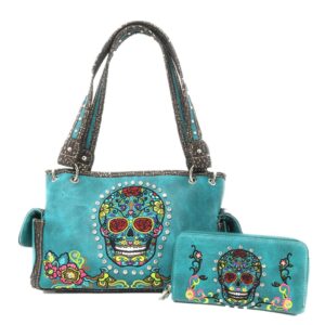 texas west women's embroide sugar skull handbag purse wallet set in multi color (turq)