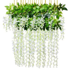 12 pieces of 3.6 feet/piece of artificial fake wisteria vine ratta hanging garland silk flower string-like family party wedding garden outdoor office wall decoration (green, 12)