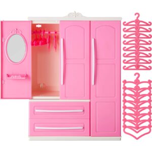 doll closet furniture wardrobe clothing organizer doll open wardrobe dollhouse closet with 20 pieces doll hangers 2 style pink plastic hangers dollhouse furniture accessories (classic style)