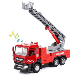 haomsj metal micro fire truck extending rescue rotating ladder toy truck for boys 3 4 5 6 7 year old（ladder truck）