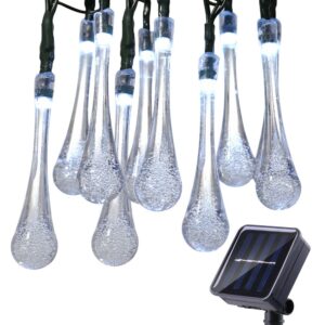 ishabao solar string lights, 50 led advanced water drop solar fairy string lights outdoor waterproof, 8 modes solar lights for patio, lawn, home, garden, wedding, party decorations (white)