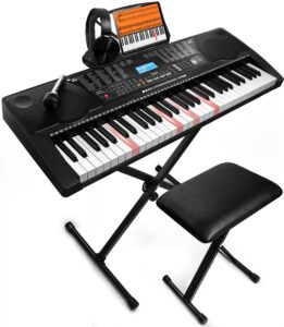 61 key portable electronic keyboard piano w/lighted full size keys, lcd, headphones, x-stand, stool, music rest, microphone, note stickers, built-in speakers,3 teaching modes