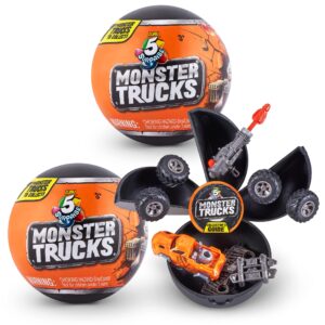 5 surprise monster trucks series 1 by zuru (2 pack) glow in the dark, miniature mystery collectible capsules, mini toy truck, battle toys for boys, kids, teens