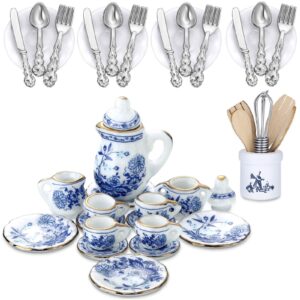 37 pieces 1:12 scale miniatures dollhouse kitchen accessories include 16 mini doll plates knife fork spoon, 6 mini egg beater utensil, 15 mini tea cup set for doll toy supplies (blue porcelain)