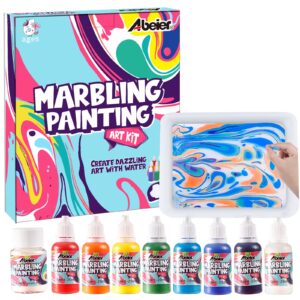 marbling paint kit for kids, arts and crafts for teens, preteens, kids ages 6-12 - creative toys gifts for girls & boys ages 4 5 6 7 8 9 10 11 12(marble paint on water, 8colors/20ml)