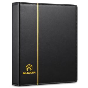 mudor empty premium pu classic binder, 4 ring binder albums stockbook for stamps, documents, coins, bank notes(black)