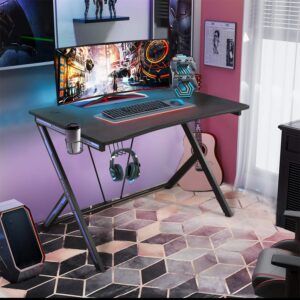 furniturer 45.3'' gaming desk black computer desk with cup holder and headphone hook modern gamer workstation game table, 45.3 x 29.2 x 30.4 in