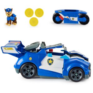 paw patrol, chase 2-in-1 transforming movie city cruiser toy car with motorcycle, lights, sounds and action figure, kids toys for ages 3 and up