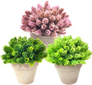 small artificial potted plants, 3 pack mini fake plants in pot for home decor indoor & outdoor, faux plastic green grass ball greenery plants for wedding farmhouse shelf office tabletop garden