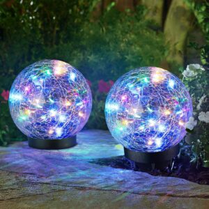 2-pack garden solar lights decorative, colored cracked glass globe lights outdoor rgbw 30 leds, waterproof ball lights for yard patio lawn pathway halloween christmas outside decor, 4.72", multicolor