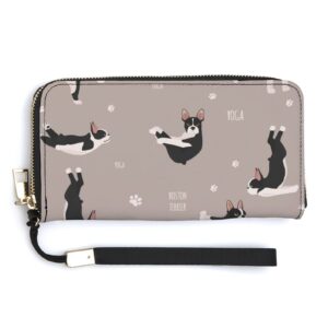 qsmx women's clutch wallet bag,boston terrier dog in paw prints long leather wallets with wristlet strap zipper around credit card holder gift-tpu durable shockproof lightweight waterproof