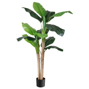 worth garden 5ft artificial banana tree 59inch.fake plant tropical palm tree for indoor outdoor, realistic,faux silk plants in pot for home office decoration,black pot & 20g dry green moss included