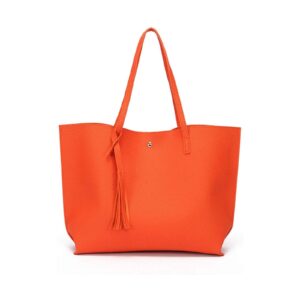 kbinter women's soft leather tote shoulder bag, big capacity tassel handbag women large (orange)