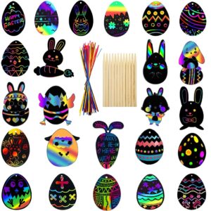 easter scratch paper, 24pcs easter egg scratch paper rainbow art set for easter day ornaments hanging craft