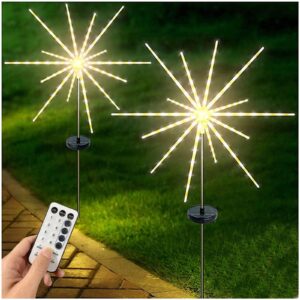 224 led solar starburst lights outdoor, 8 modes meteor firework solar fairy lights with remote control for garden landscape patio walkway home holiday(2 pack warm)