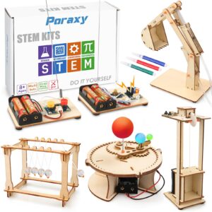 poraxy 5 set stem science kits for kids age 8-12, wooden building stem projects 8-10, 3d puzzles, experiment circuits model, toys for ages 8-13, gifts for boys and girls 6 7 8 9 10 11 12 13 years old