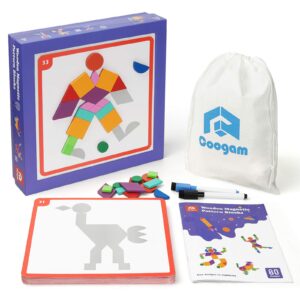 coogam wooden magnetic shape puzzle pattern blocks set, tangram geometric manipulative brain teasers toy montessori magnet board puzzle stem gift for kids with 80 challenges