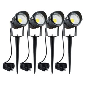 wifzig outdoor landscape lighting 12w waterproof graden lights cob led spotlights with spiked stand 120v for lawn decorative lamp us 3- plug 3000k warm white (4pack, 3000k)