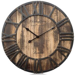 westzytturm rustic wall clock 24 inch round wooden clock 3d roman numeral farmhouse vintage large wall clocks for living room,dining room,home decor,kitchen,mantel,garden(brown 24”)